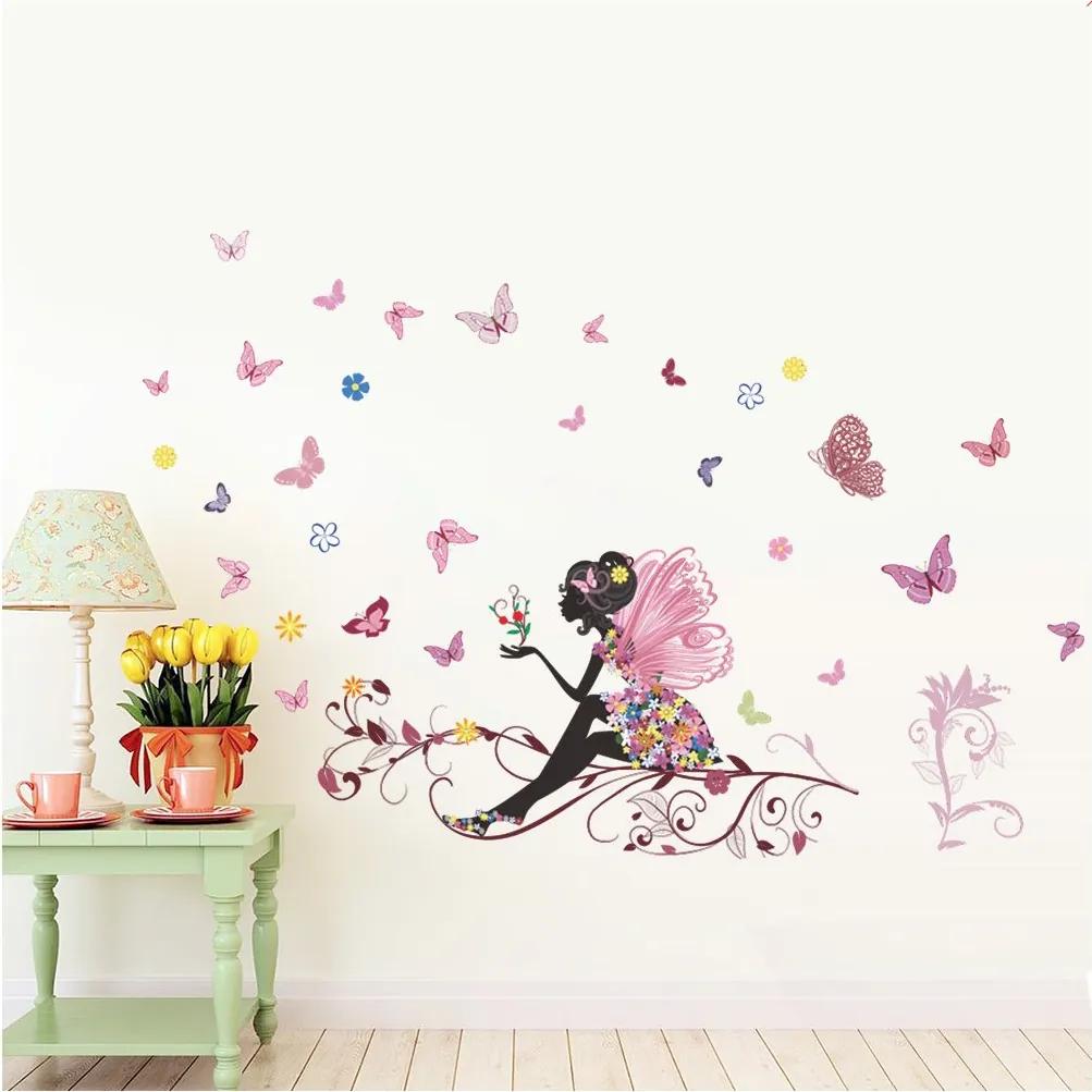 PIPPER | Samolepka na zeď "Dívka s křídly a motýly" 120x80 cm