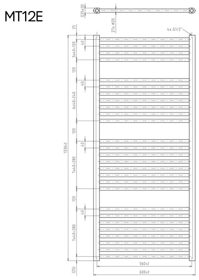 Mereo otopný žebřík rovný 600x1330 mm elektrický bílý MT12E