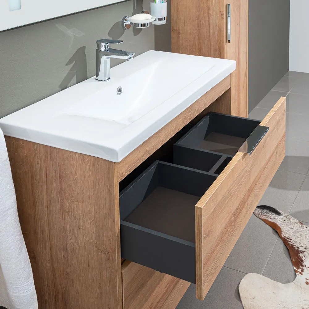 Mereo Mereo, Vigo, koupelnová skříňka s keramickým umyvadlem, 51 cm, bílá, dub, CN320