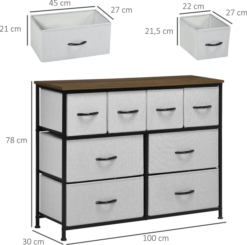 HOMCOM Komoda se 8 zásuvkami, skládací úložná jednotka na tkaniny - černý ocelový rám - 100 x 30 x 78 cm