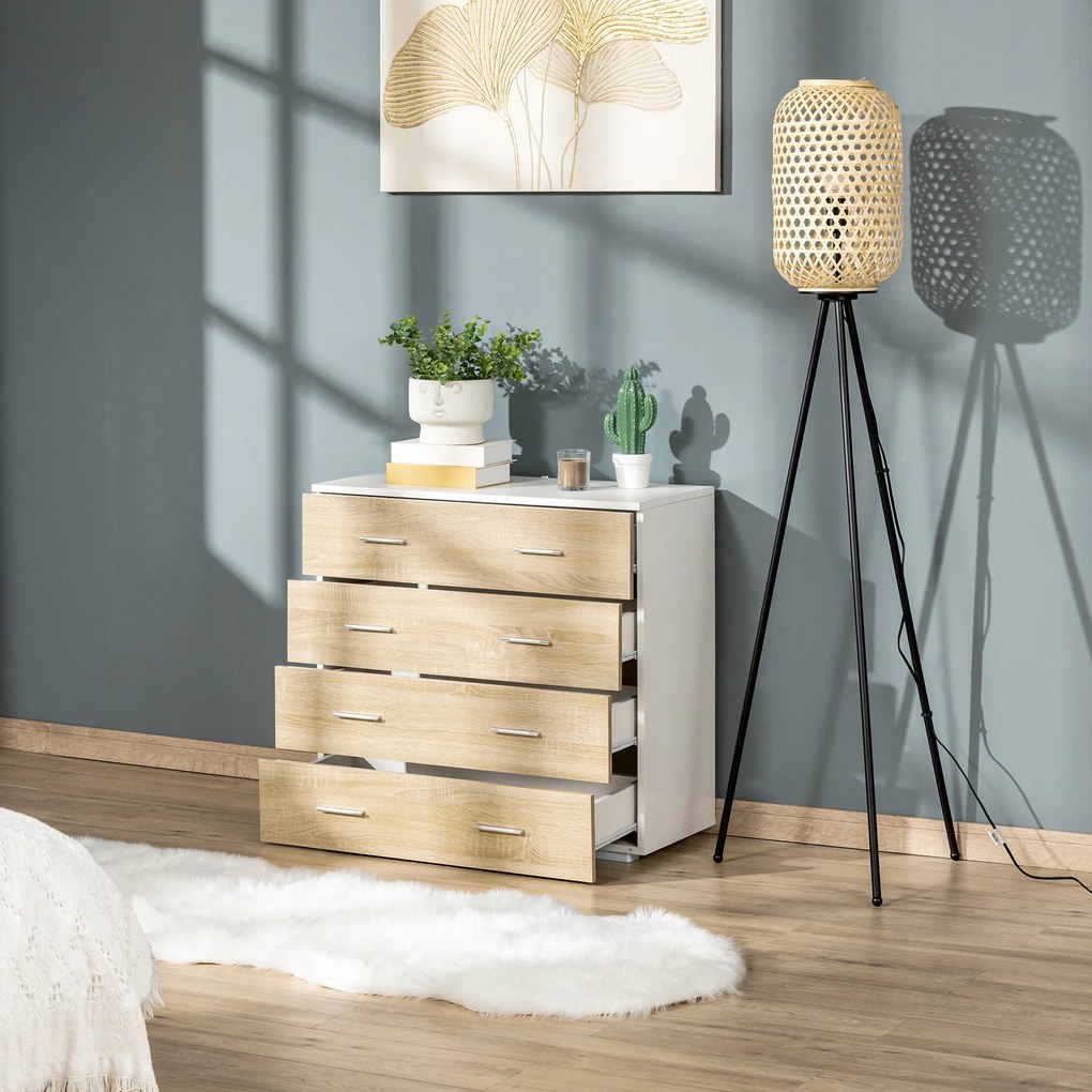 HOMCOM Komoda se 4 šuplíky - Moderní pomocný úložný kabinet do ložnice, chodby nebo obývacího pokoje, 76x35x72 cm, dub a bílá