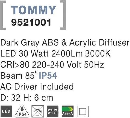 NV 9521001 Venkovní stropní svítidlo TOMMY tmavě šedý ABS a akrylový difuzor LED 25W 3000K 220-240V 85st. IP54 - NOVA LUCE