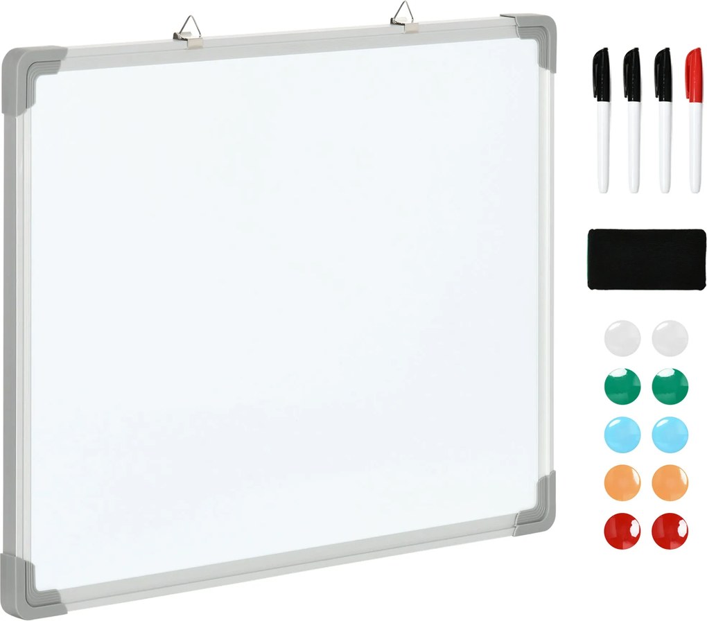 HOMCOM Magnetická tabule s bílou plochou – 4 fixy, 1 guma, 10 magnetů, stojan, montáž na zeď, snadno stíratelná, 60 x 1,8 x 45 cm | Aosom