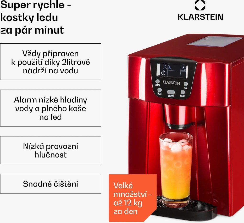 Klarstein Ice Volcano 2G, výrobník ledu, 12 kg/24 h, 2 l, LED, červený