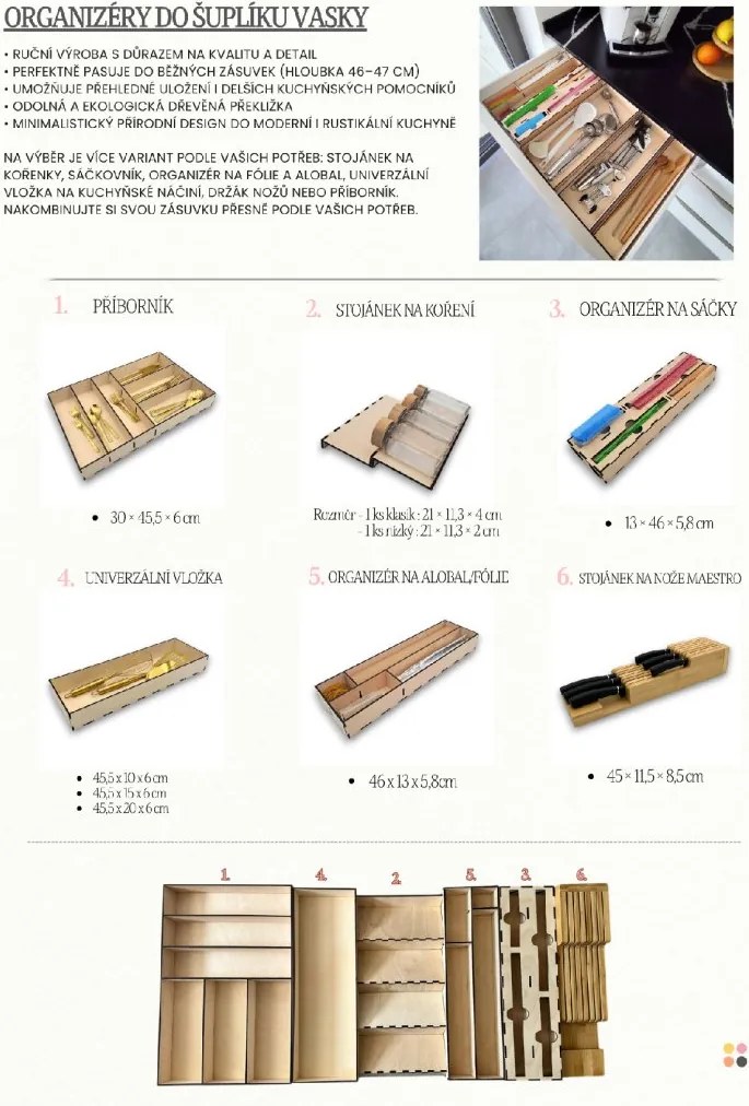 usporadejto.cz Organizér do šuplíku, vložka do zásuvky, dřevěný VASKY, 45,5 x 10 x 6 cm