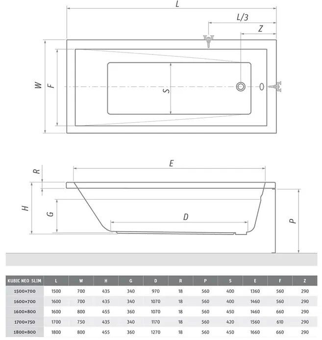 Roth KUBIC NEO SLIM obdelníková vana s extra tenkým lemem 170 x 75 cm 9330SLM akrylátová