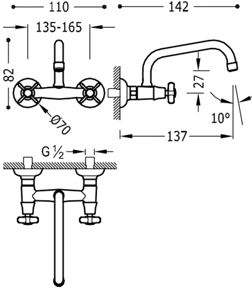 Tres Clasic nástěnná dřezová retro baterie 150mm stará mosaz mat 24221501LM