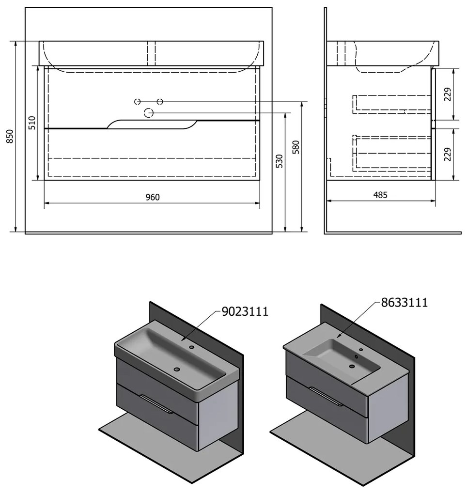 Sapho MEDIENA umyvadlová skříňka 96,5x50,5x48,5cm, bílá mat/dub graphite, MD101