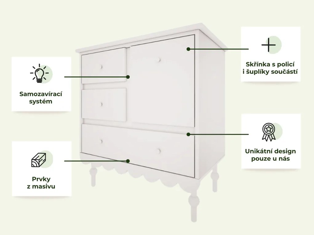 Nízká úložná komoda do dětského pokoje BABUSHKA bílá