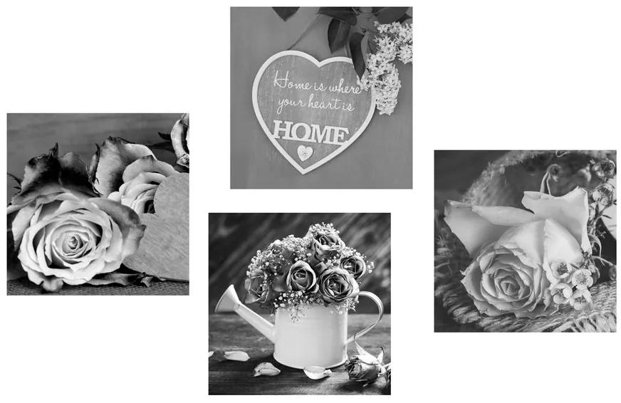 Set obrazů černobílé květiny s nápisem Home