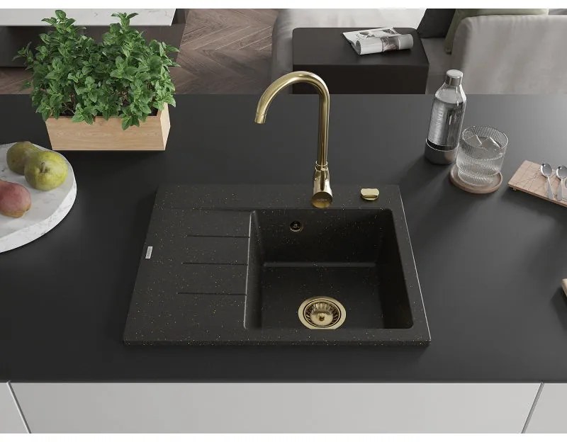 Mexen Ben, 1-komorový granitový dřez 600x500x190 mm, pravý + zlatý sifon, černá-zlatá metalíza, 6523605000-75-G