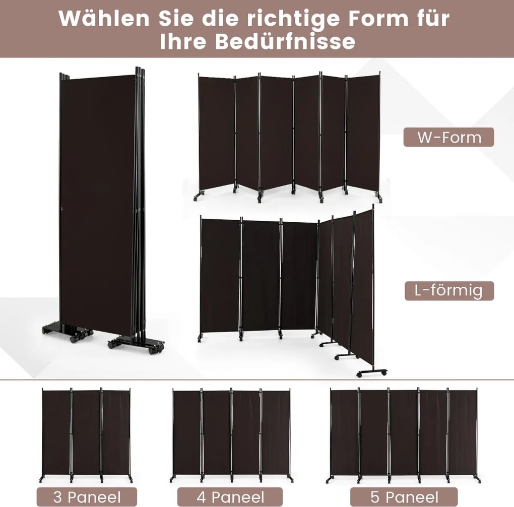Costway Šestidílný skládací paraván na kolečkách 172 cm, hnědý