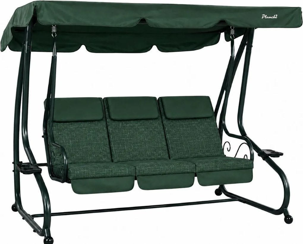 GardenLine Luxusní zahradní houpačka s lůžkem a držáky na nápoje pro 3 osoby 200 × 120 × 164 cm SORENTINO Mesh Green zelená
