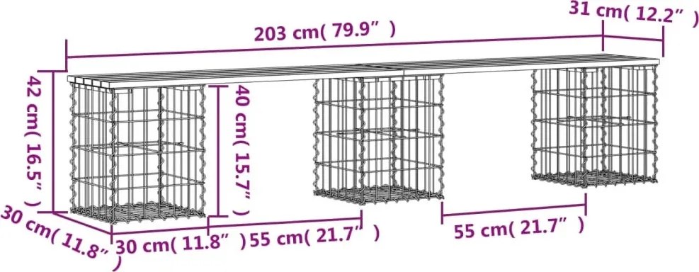 vidaXL Zahradní lavice gabionový design 203x31x42 cm masivní borovice [834334] Barva: tmavě hnědá