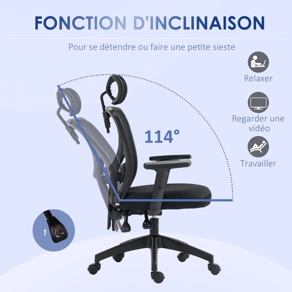 Vinsetto Kancelářská Židle, Kancelářská Židle, Nastavitelný Hlava a Opěrky Rukou, Naklápěcí Ergonomický Opěrák, Výškově Nastavitelný Sedák, Otočná, P…