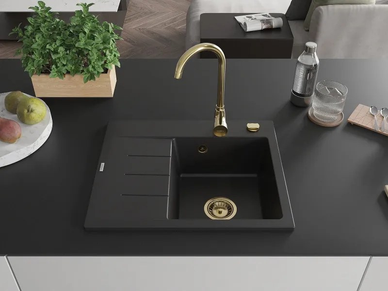 Mexen Ben, 1-komorový granitový dřez 600x500x190 mm, pravý + zlatý sifon, černá, 6523605000-77-G