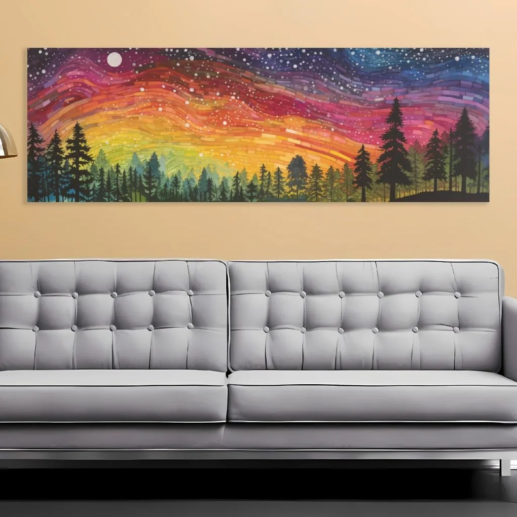 Obraz na plátně - Barevná mozaiková noc s lesem FeelHappy.cz Velikost obrazu: 120 x 40 cm