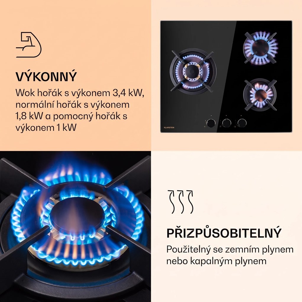 Klarstein Goldflame 3, plynová varná deska, 3 hořáky Messing, sklokeramika