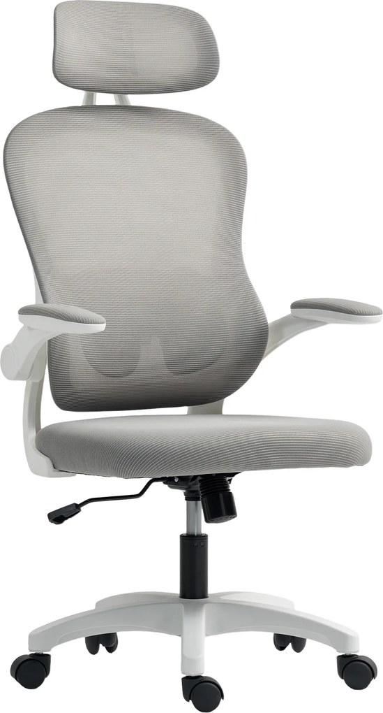 HOMCOM Ergonomická kancelářská židle s opěrkou zad z síťoviny, výškově nastavitelná, sklápěcí loketní opěrky, 5 koleček, houpací funkce, šedá
