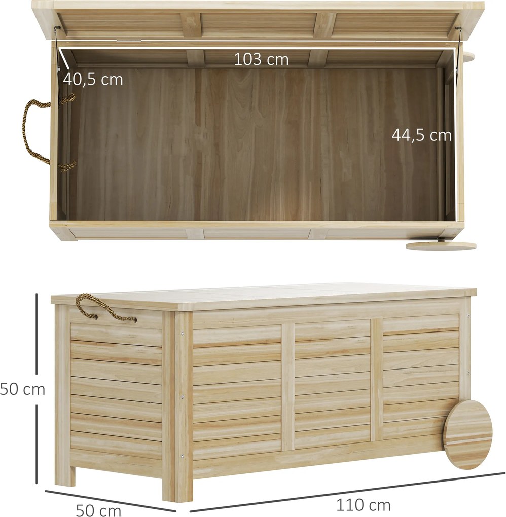 185 L venkovní úložný box, úložný box na kolečkách, odolný proti povětrnostním vlivům, jedlové dřevo, 110 x 50 x 50 cm, světle hnědý