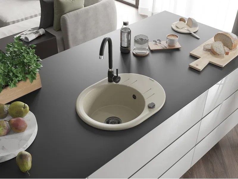 Mexen Kevin, granitový dřez 586x458x190 mm, 1-komorový, béžová s černým sifonem, 6517581005-69-B