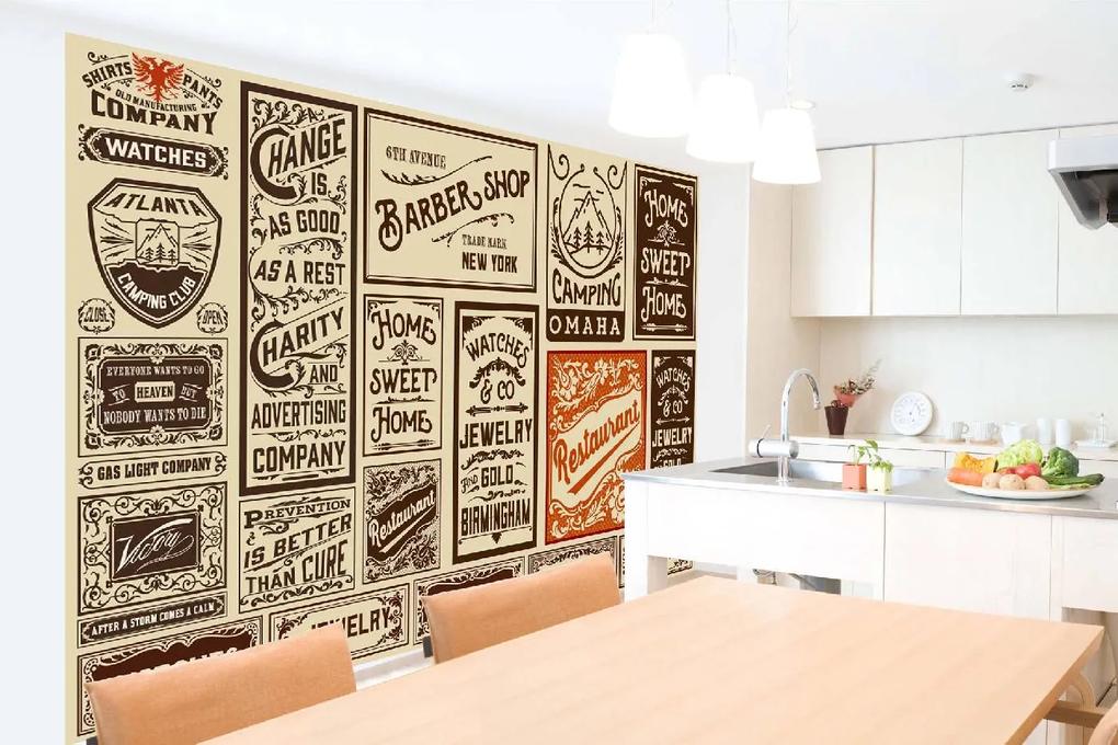 DIMEX | Samolepicí vliesová fototapeta na zeď Staré reklamní plakáty MA-5-2108 | 375 x 250 cm | béžová, oranžová, hnědá