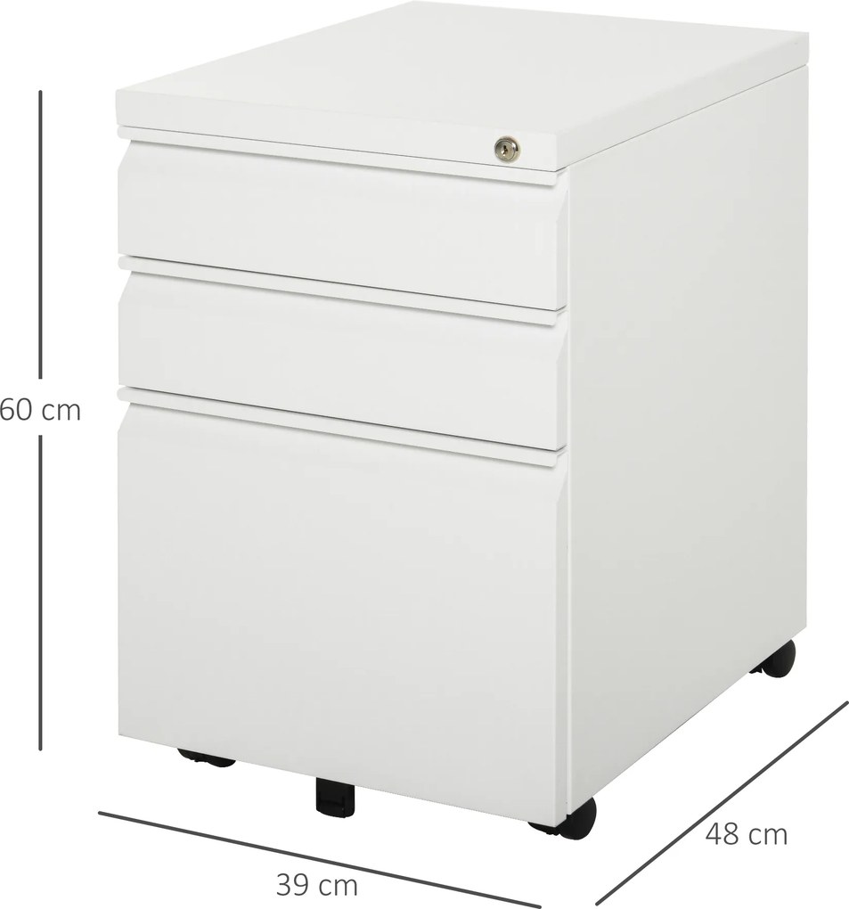 Mobilní kancelářská skříň Vinsetto na podstavci se 3 zásuvkami a kolečky, kompaktní ocelová s konkávní rukojetí, bílá 39x48x60cm | Aosom.de