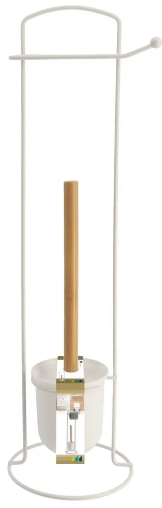 Stojan na toaletní papír a WC kartáč White Bamboo, bílý/s dřevěnými prvky, O