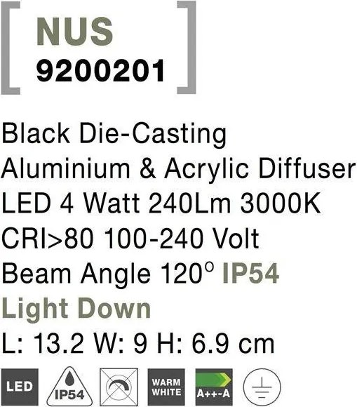 NV 9200201 Venkovní nástěnné svítidlo NUS černý hliník a akrylový difuzor LED 4W 3000K 100-240V 120st. IP54 světlo dolů - NOVA LUCE