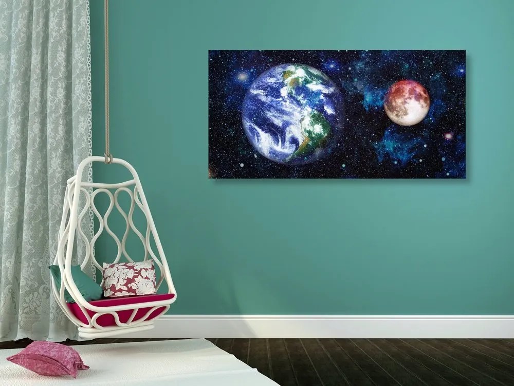 Obraz planeta Země a červený Měsíc - 100x50 cm