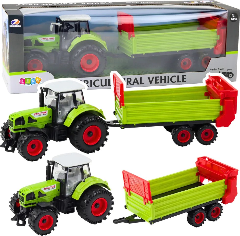 LEAN Toys Traktor s přívěsem – setrvačníkový pohon, otevíratelná kapota a dveře, zelený