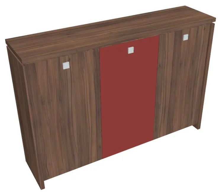 Střední šatní skříň Verno 188 x 46 x 130 cm, kombinované dveře, ořech / červená