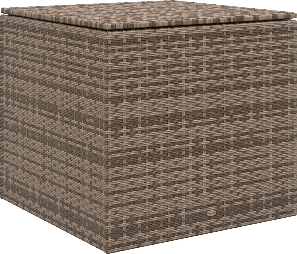 Outsunny Syntetický Ratanový Zahradní Úložný Box 75x75x70 cm s Hydraulickým Pístem a Ocelovým Rámem, Nosnost 50 kg, Khaki | Aosom