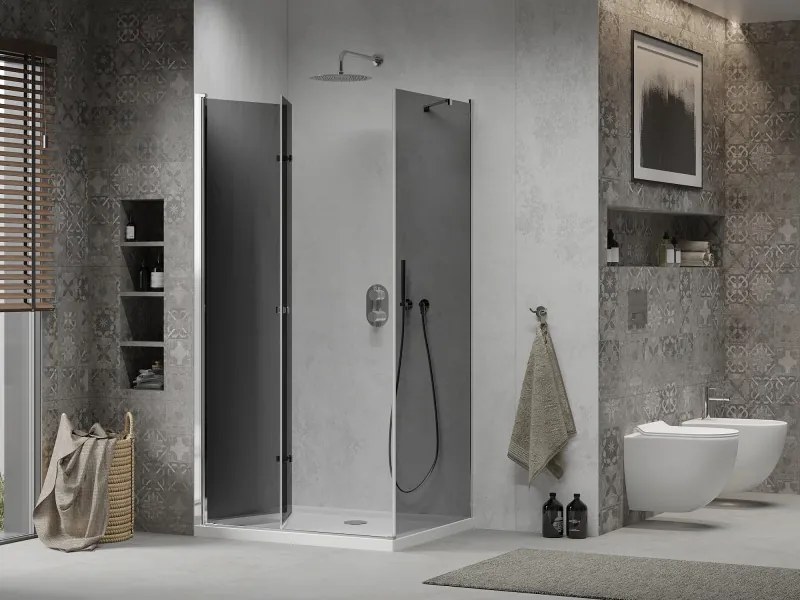 Mexen Lima, sprchový kout se skládacími dveřmi 80 (dveře) x 90 (stěna) cm, 6mm šedé sklo, chromový profil + slim sprchová vanička bílá + chromový sifon, 856-080-090-01-40-4010
