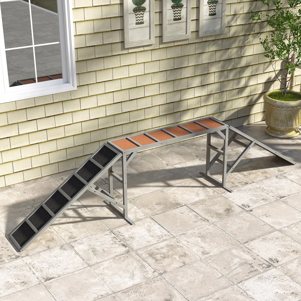 Agility lávka pro psy s bezpečnostní tyčí protiskluzový povrch odolný proti povětrnostním vlivům agility vybavení do 40 kg 335x55x60 cm šedá