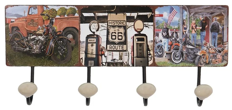 Nástěnný kovový věšák se 4-mi háčky Route 66 - 40*7*18 cm