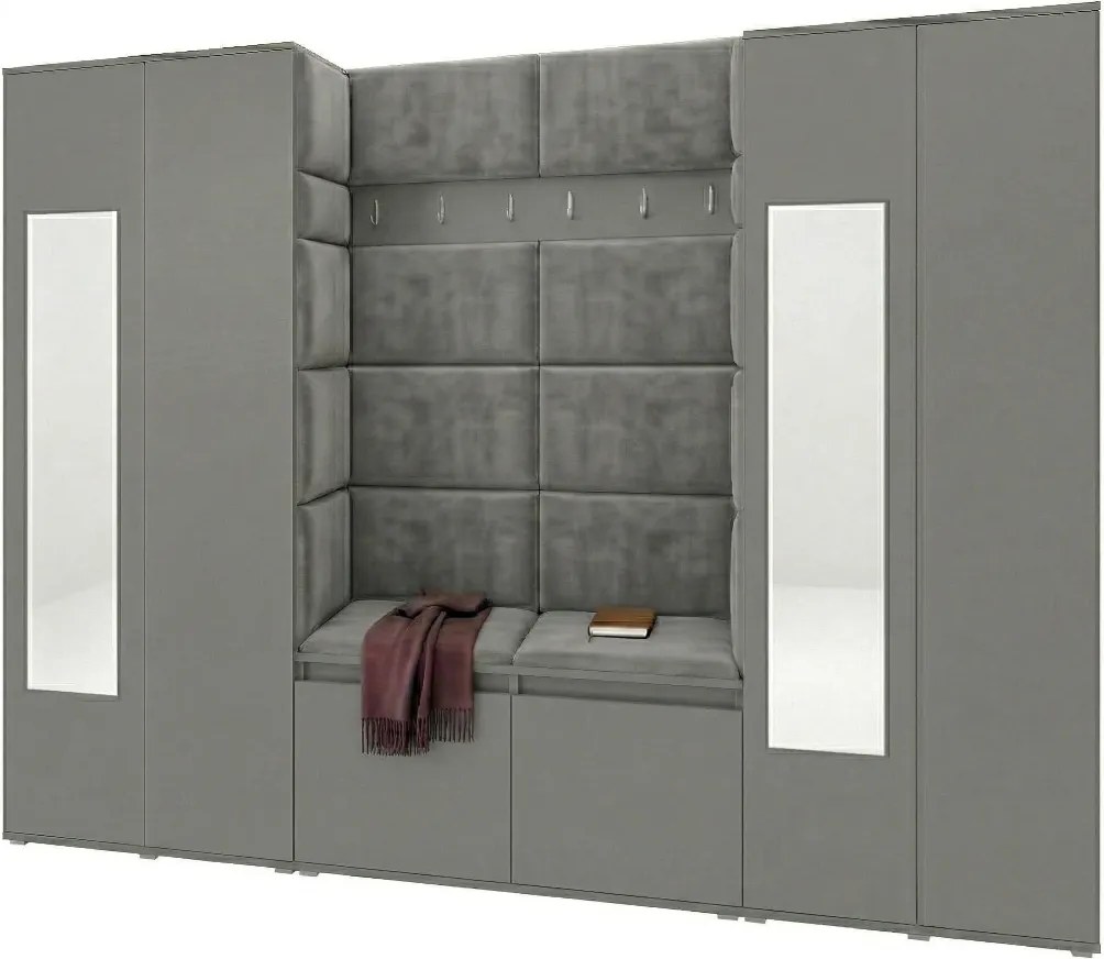Předsíňová stěna Trinity 10 s čalouněnými panely, 280 cm, grafit/ šedá