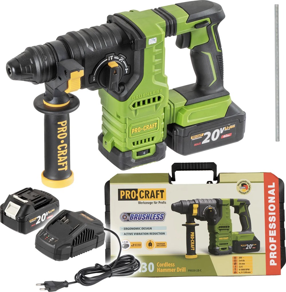 Procraft PHA30 20V - akumulátorové vrtací kladivo (s 2,0 Ah akumulátorem a nabíječkou)
