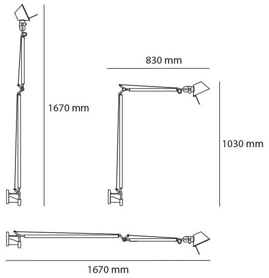 Artemide A046050 Tolomeo Braccio LED, designové nástěnné svítidlo se stmívačem, 10W LED 3000K, hliník, max. 167cm