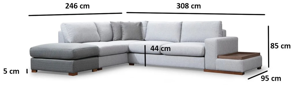 Rohová sedačka s taburetkou a stolkem Bellona 308 cm světle šedá - levá
