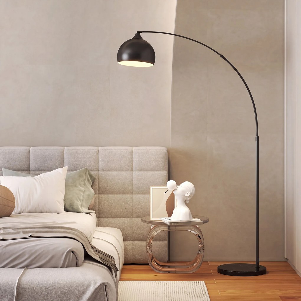 HOMCOM Oblouková lampa, stojací lampa, výškově nastavitelná, nožní vypínač, podstavec s efektem mramoru, 170-180cm, černá