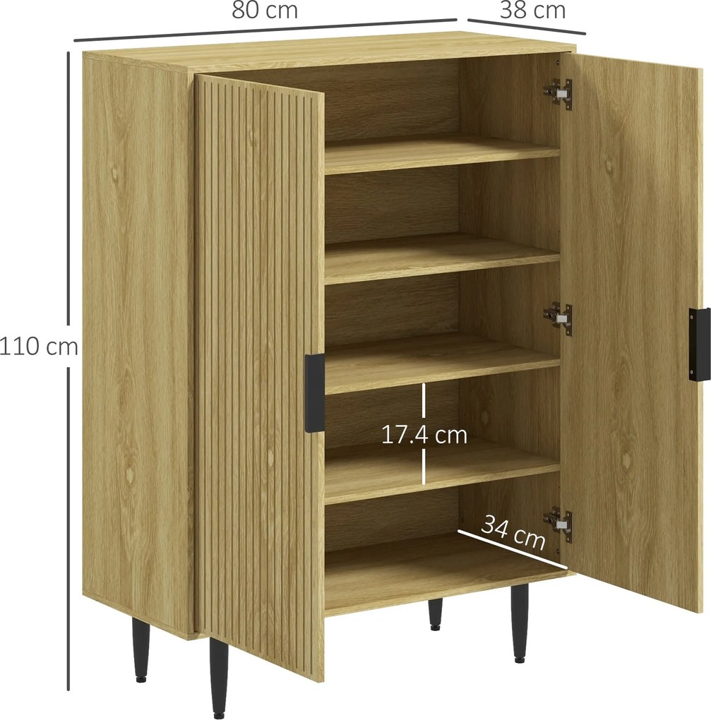HOMCOM Úložný regál na obuv na 15 párů bot, regál do předsíně s 4 nastavitelnými policemi a kovovými nohami, 80x38x110cm, Dub