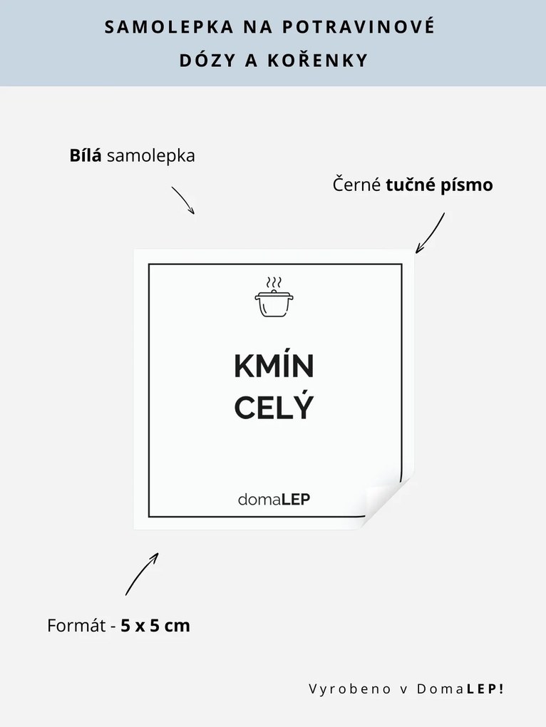 Samolepka na kořenky KMÍN CELÝ bílá 5 × 5 cm tučné písmo