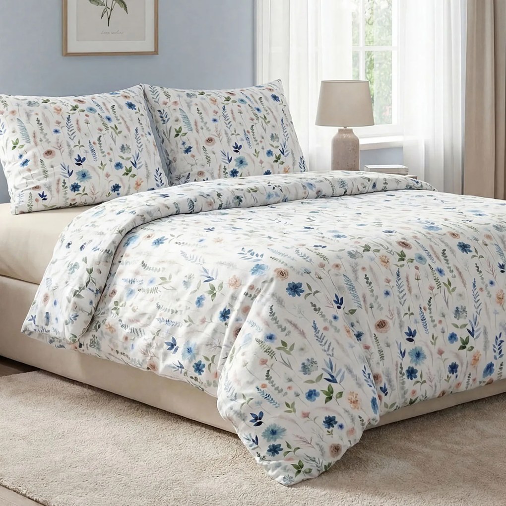 Perkálové bavlněné prodloužené povlečení Boho zahrada - modré Velikost: 140 x 220 + 70 x 90