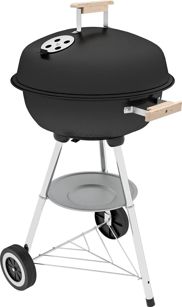 Gril na dřevěné uhlí Outsunny s kolečky - přenosný barbecue gril s emaillonovaným víkem a miskou, dřevěné úchyty, 48x56x85cm pro venkovní zahradní pik