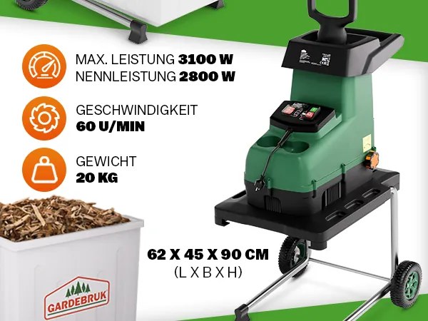 Drtič větví 3100W se sběrnou nádobou 60L max 92dB