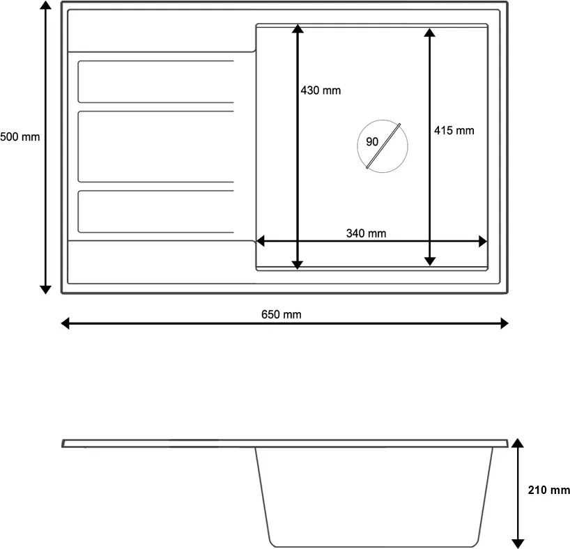 Gamma Modern 6550, 1-komorový granitový dřez 650x500x210 mm s krátkým odkapávačem, šedá, GMA-ZLE000092