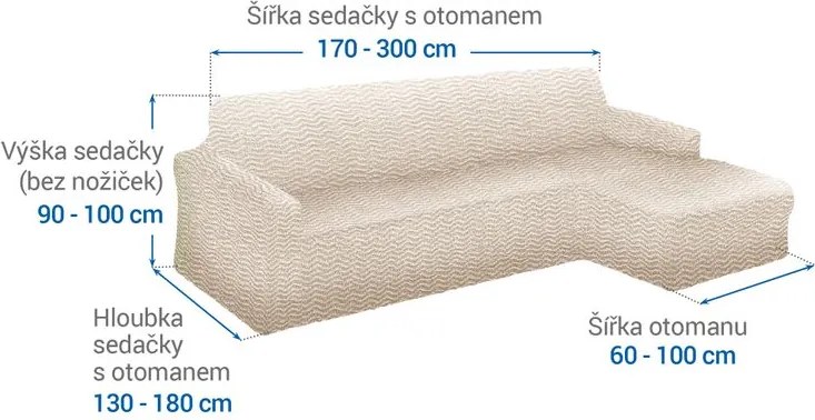 Bielastické potahy CRISTINA smetanová sedačka s otomanem vpravo (š. 170 - 300 cm)