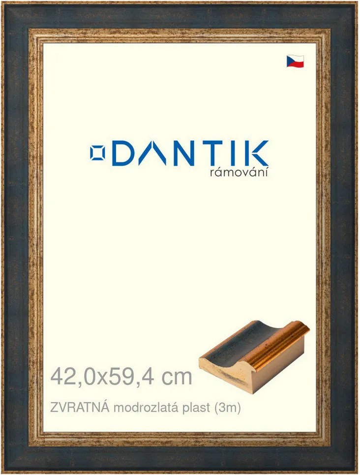 DANTIK rámeček 42x59,4 | ZVRATNÁ modrozlatá plast (Plexi Čiré)