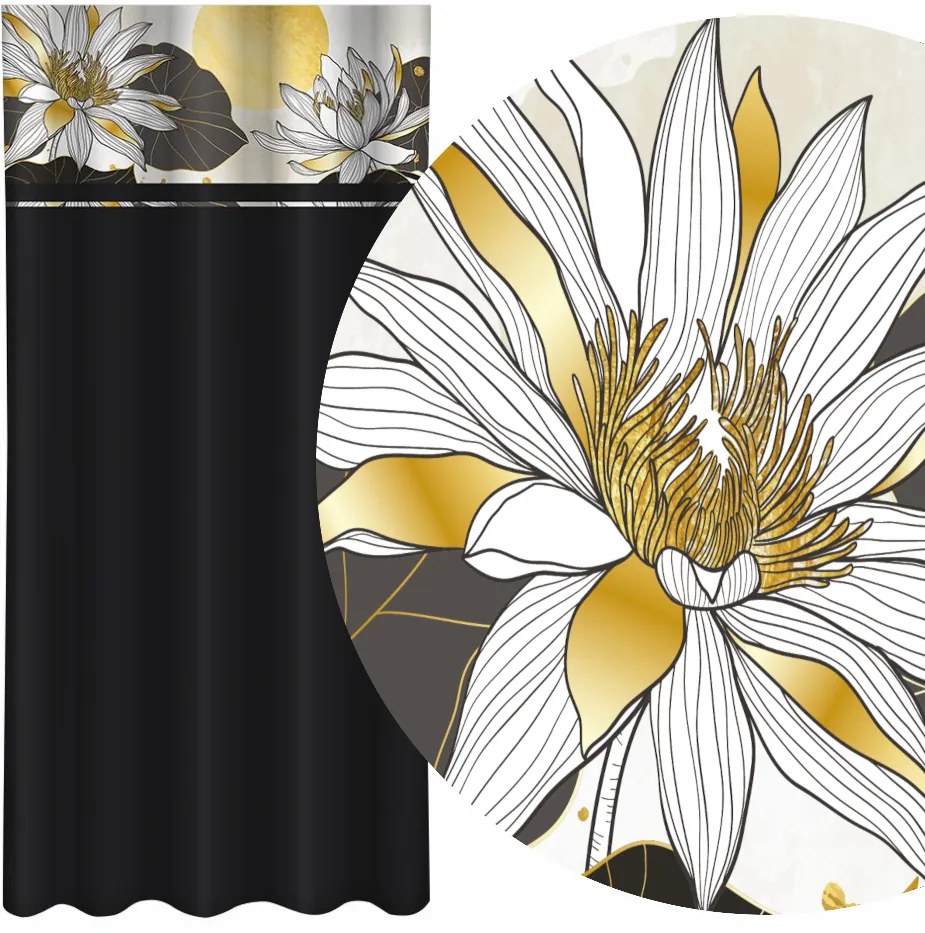Klasický černý závěs s potiskem lotosových květů Šířka: 160 cm | Délka: 250 cm